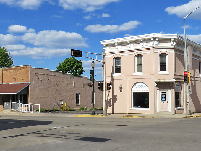 Historic storefronts line Viroqua's main street, showcasing the town's preserved architecture and charming small-town character.