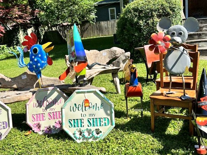 Whimsical garden art and cheerful "She Shed" signs await new homes at Woodruff Place&mdash;lawn ornaments with personality to spare!