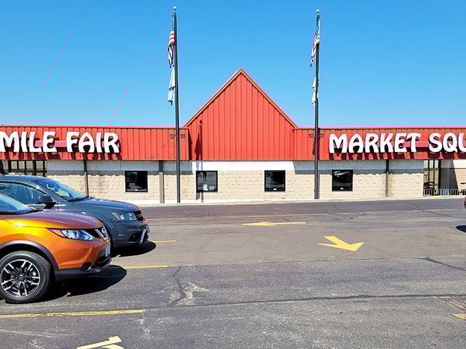 Morning light catches the distinctive red facade. 7 Mile Fair's Market Square has welcomed generations of Wisconsin treasure seekers.