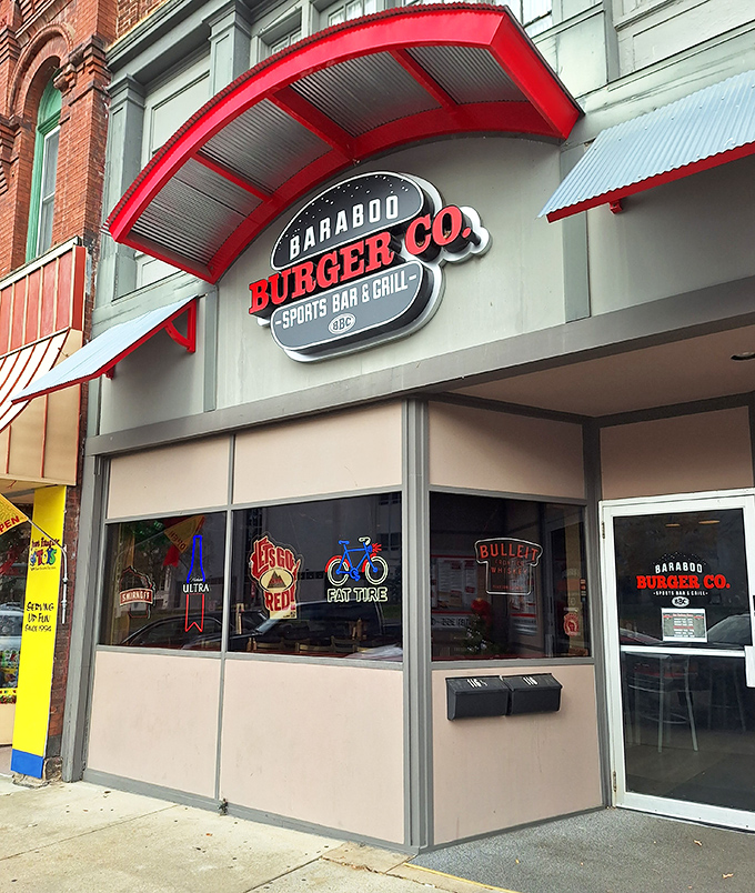 The bright red trim pops against the historic building &ndash; Baraboo Burger Company brings modern flavor to a classic small-town setting.