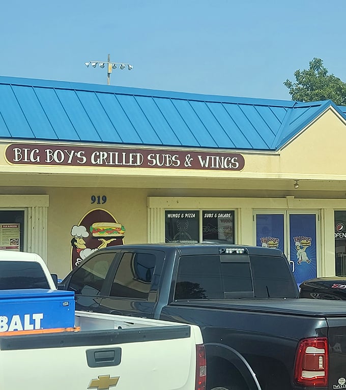 That bright blue roof and cheerful signage at Big Boys promises grilled sub perfection in Washington, Missouri.