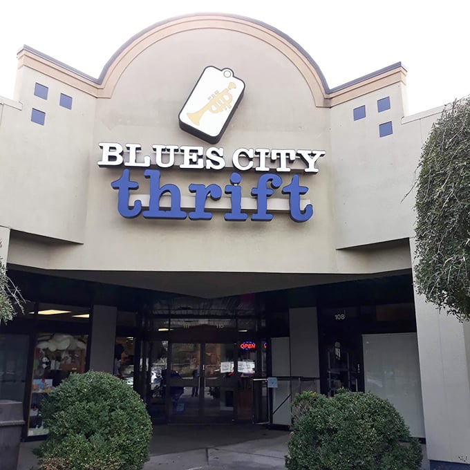 The welcoming entrance of Blues City Thrift invites you into a world of possibilities. Like a treasure chest disguised as a store! 