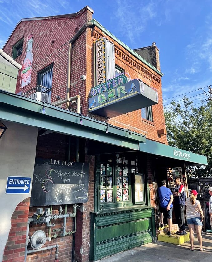 The vintage sign at Broadway Oyster Bar has witnessed decades of seafood feasts and late-night jazz sessions.