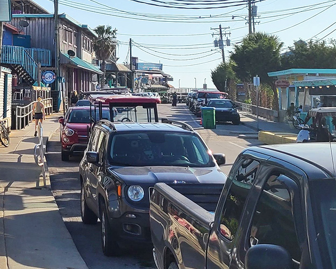Cedar Key's main street has more character than most Hollywood movies. Those trucks parked like they're waiting for the fishing report.