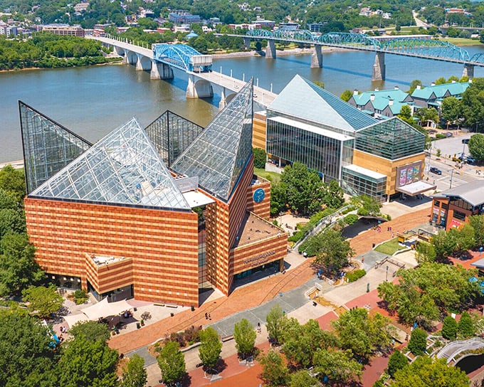 Chattanooga's waterfront showcases stunning modern architecture alongside the Tennessee River, where glass pyramids house aquatic wonders.