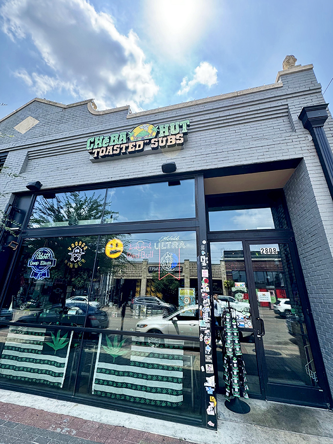 Bright signage and big windows—Cheba Hut's Dallas location serves up sandwiches with a side of sunshine and good vibes.