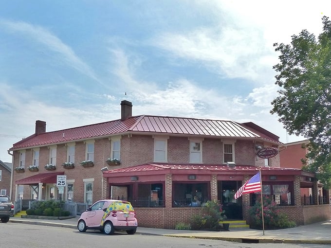 This charming inn looks like it stepped right out of a Norman Rockwell painting, pink car included.