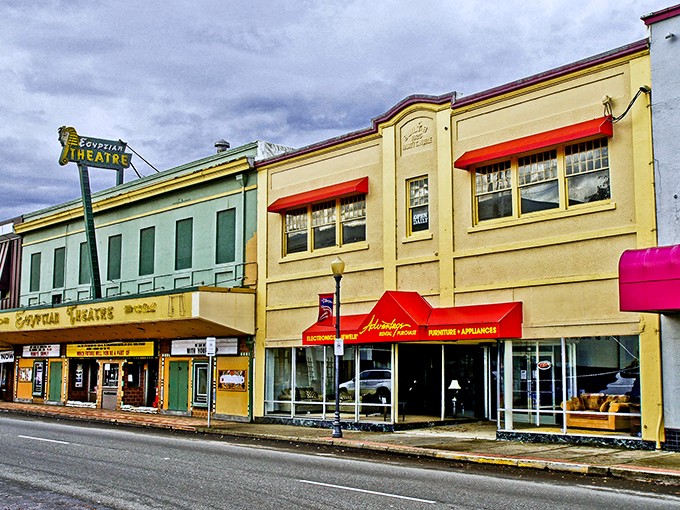 Coos Bay's colorful buildings line up like a cheerful welcome committee by the water.