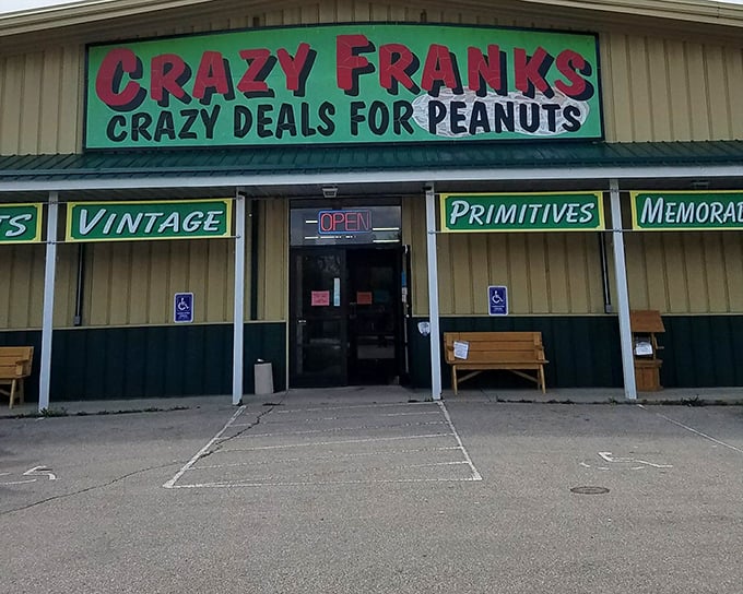 The unmistakable green storefront of Crazy Frank's promises "crazy deals" that live up to the name inside.