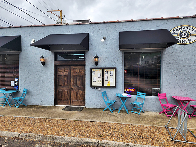 Colorful chairs outside Damascus Diner invite you to sit and savor&mdash;breakfast theater with the best seats in town.