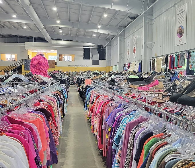 The high ceilings and organized racks make this Durham Rescue Mission location feel like a department store's cooler, more affordable cousin.