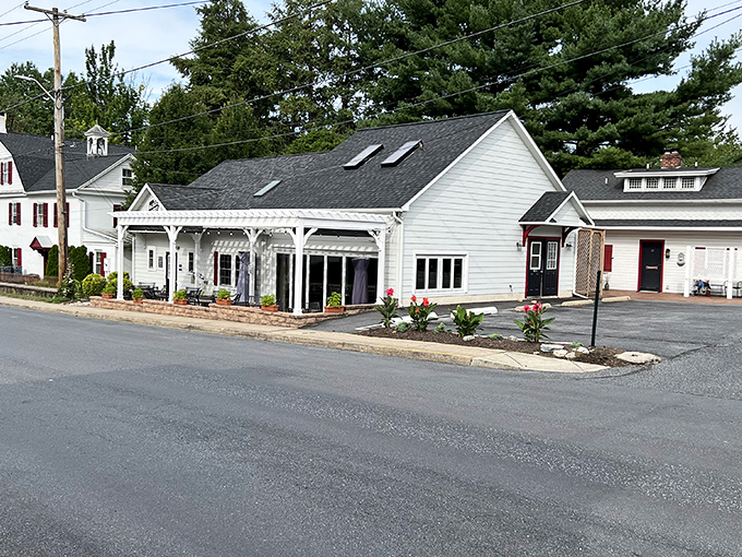 A stone and white building with distinctive architecture stands as one of Ephrata's community landmarks.