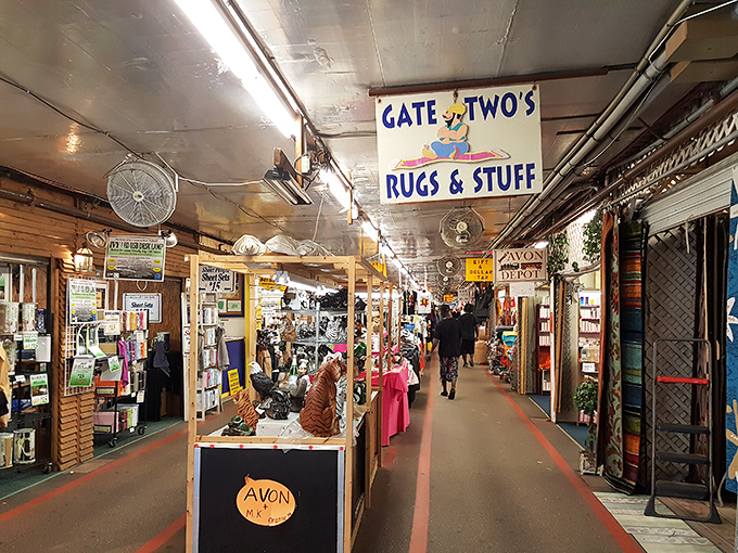 Neon signs light the way through this Fort Myers institution, where "Gate Two's Rugs & Stuff" is just the beginning of your adventure.