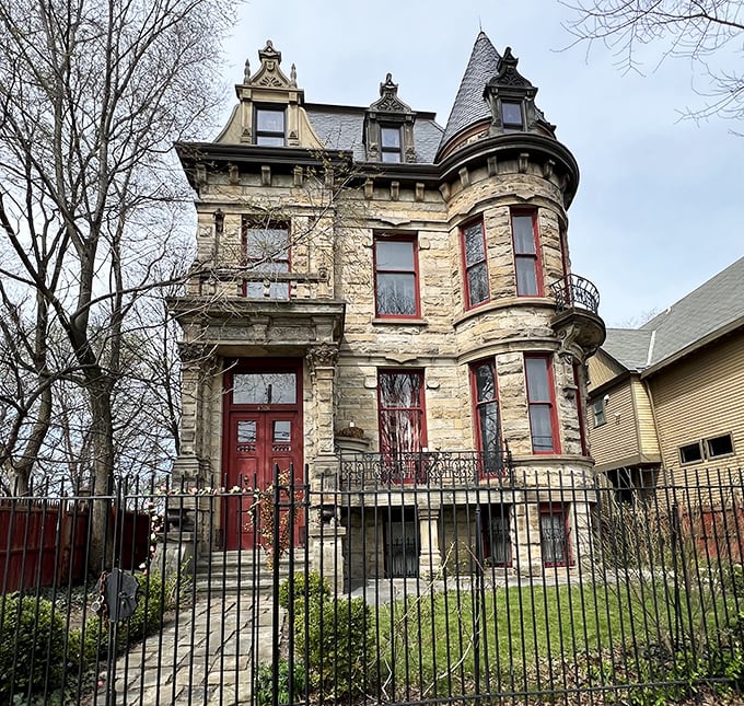 Gothic details and stone craftsmanship make Franklin Castle the perfect setting for ghost stories or your next family Christmas card.