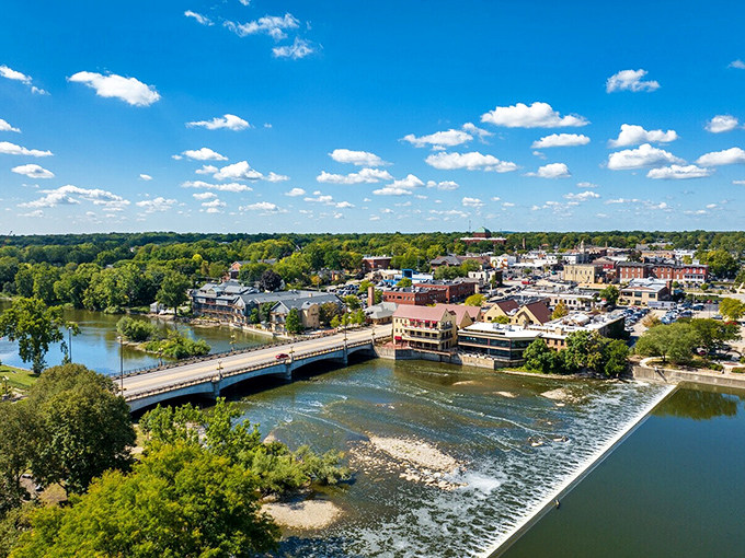 Geneva's riverside charm on full display! The Fox River creates a perfect backdrop for this historic shopping district.