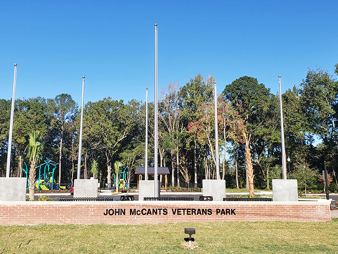 John McCants Veterans Park honors service members with dignified simplicity. A peaceful place for reflection amid tall pines and gentle breezes.