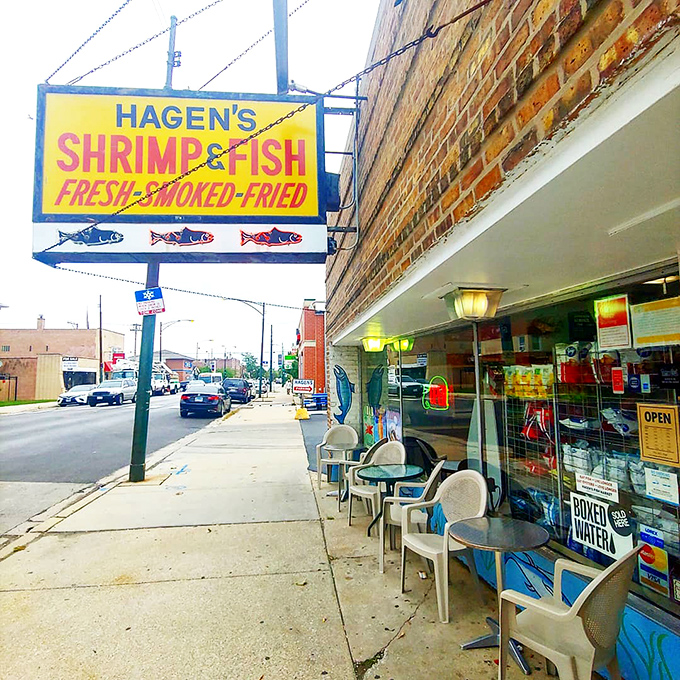 The sign says it all—fresh, smoked, fried—a holy trinity of seafood preparation mastered to perfection at Hagen's.