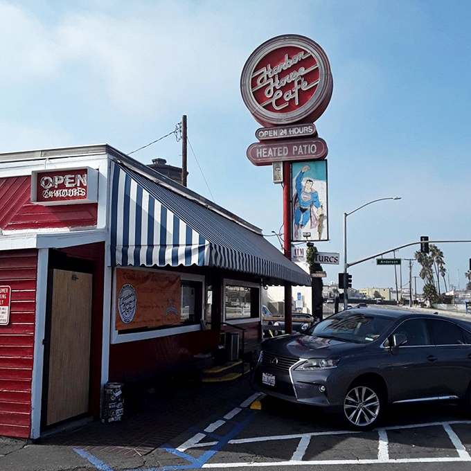 Harbor House Cafe: That iconic red sign against the California blue sky promises comfort food that satisfies whether it's sunrise, sunset, or somewhere in between. 