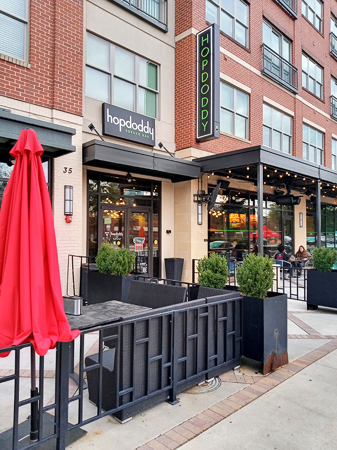 Modern lines and vibrant umbrellas announce Hopdoddy's fresh approach to burgers. Sandy Springs' answer to burger sophistication.
