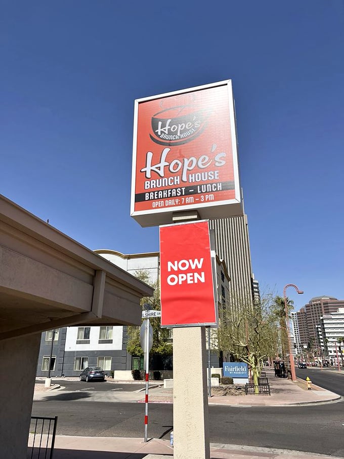 The bright sign beckons hungry morning warriors &ndash; a beacon of breakfast hope in a sea of ordinary coffee shops.