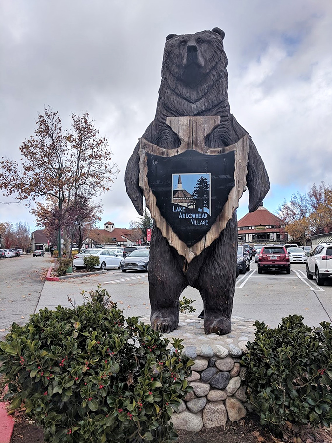 Lake Arrowhead Village welcomes visitors with its charming European-inspired architecture and a bear statue that's seen it all.