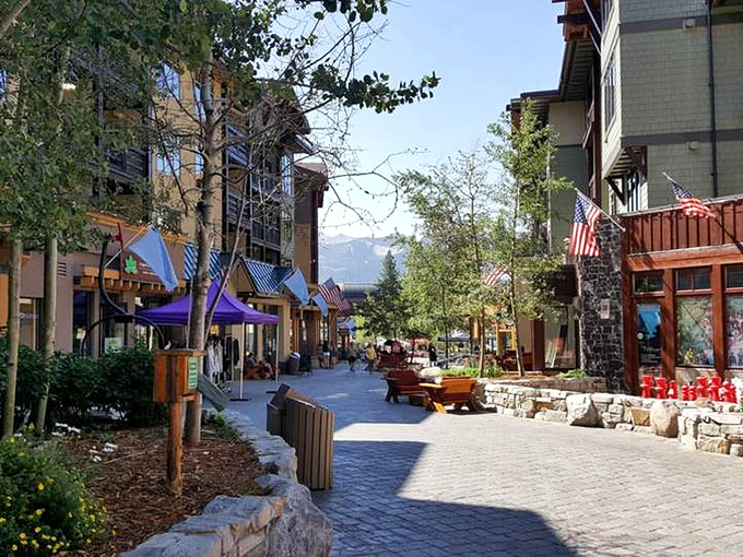 The wooden buildings of Mammoth Lakes Village look even more inviting with that impossibly blue California sky overhead.