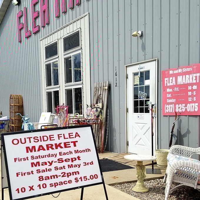A repurposed building with character to spare. The pink lettering hints at the personality waiting inside.