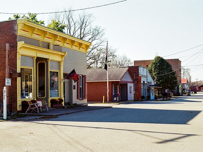 Metamora's colorful storefronts pop against a brilliant blue sky, like a painter decided this town needed extra vibrancy.