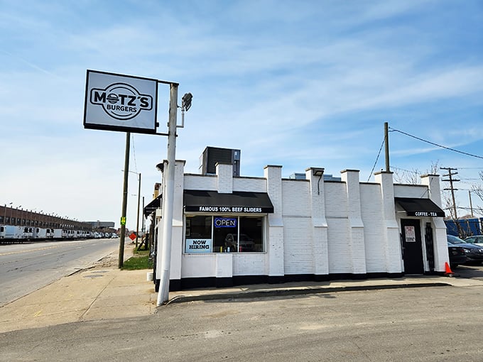 The simple "OPEN" sign at Motz's is Detroit's understated way of saying "get in here for the best sliders of your life."