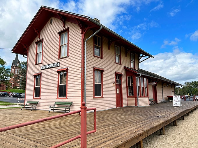 This restored train depot in New Glarus now serves as a visitor center, where the wooden platform offers a perfect spot to watch small-town life unfold.
