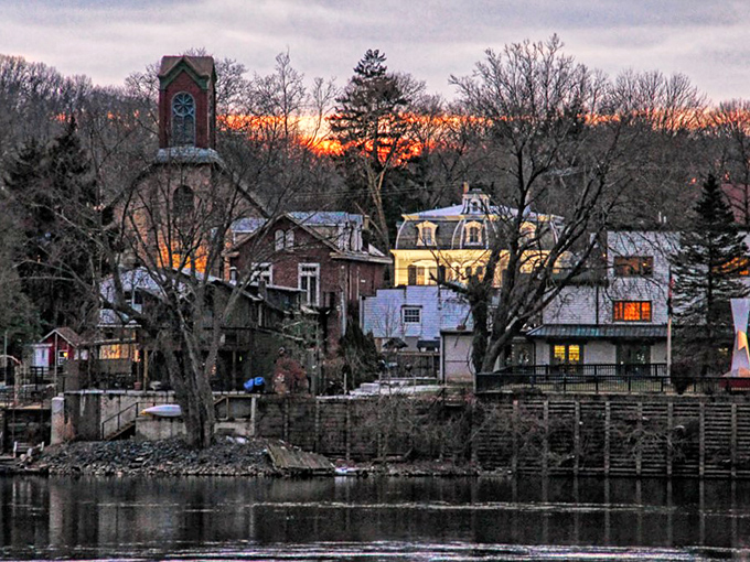 As twilight settles over New Hope, the waterfront buildings create a scene worthy of a Monet painting.
