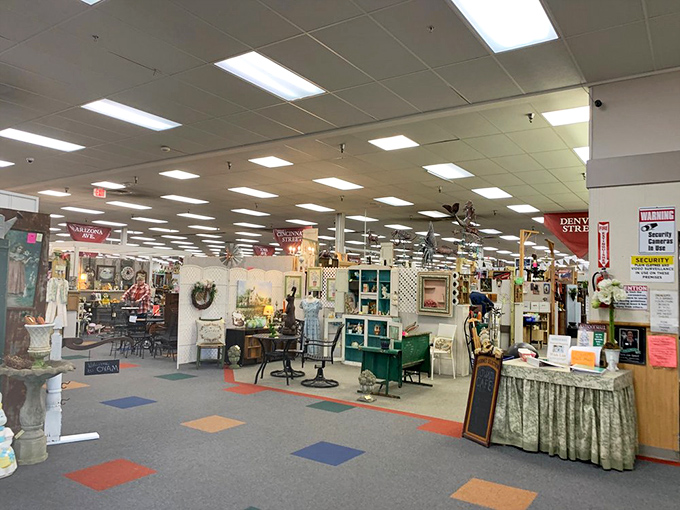The colorful floor tiles guide shoppers through this wonderland of vintage treasures. History you can take home!