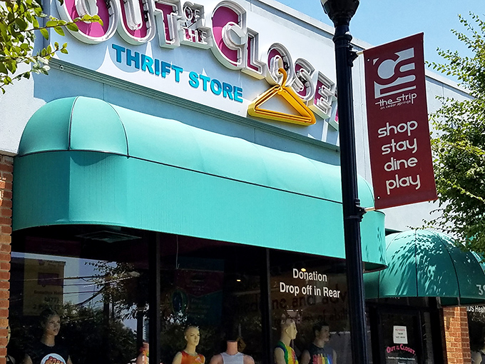 Out of the Closet's bright signage stands out in Dallas, promising both fashion finds and community support.