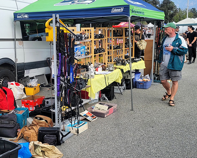 Tools, gadgets, and outdoor gear fill this booth at Alameda Point&mdash;a handyman's dream and a collector's playground.