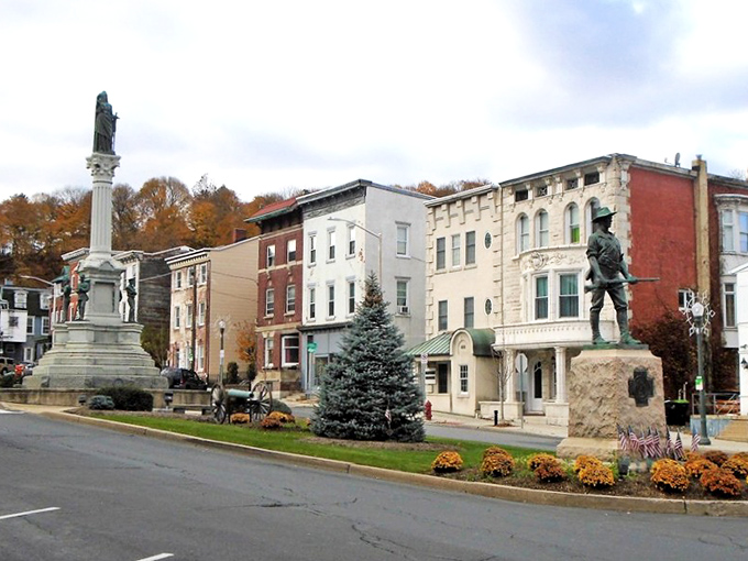 The monument square in Pottsville offers a peaceful center to town life, where history stands still while time marches on.
