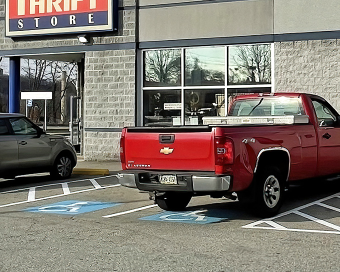 That red truck isn't just parked&mdash;it's delivering someone's castoffs that will become another shopper's treasure by afternoon.