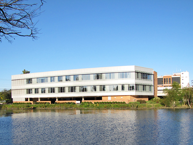 Overlooking the water, this modern building in Seaford offers a striking contrast to the town's historic architecture. Reflections dance on the pond's surface on clear blue days.