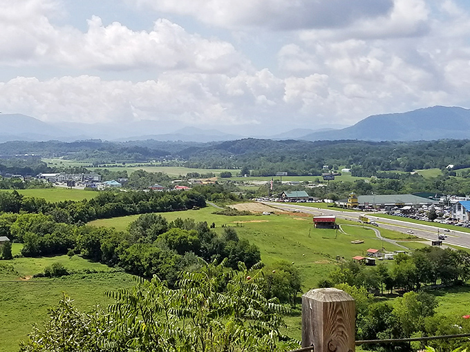 Sevierville from above reveals how perfectly this mountain town nestles into Tennessee's rolling landscape.