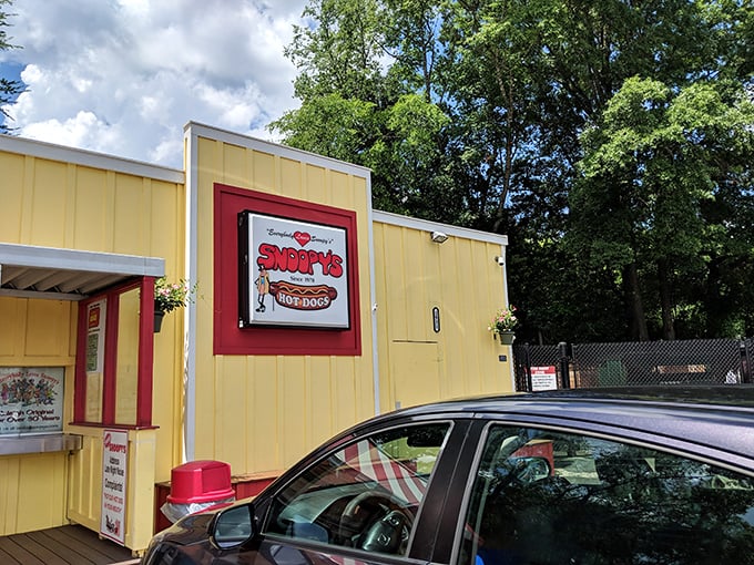 This little yellow hot dog haven stands ready to transform your ordinary day into something special, one perfect bite at a time.