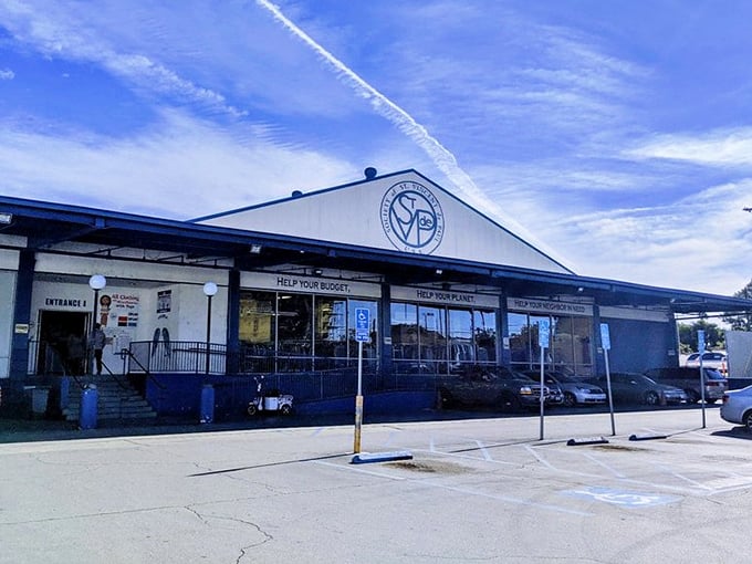 The blue and white exterior might be simple, but inside lies a complex ecosystem of secondhand treasures waiting to find new homes.