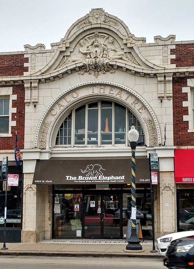 Ornate stonework crowns this former Galo Theater, now home to Chicago's most charming secondhand emporium.