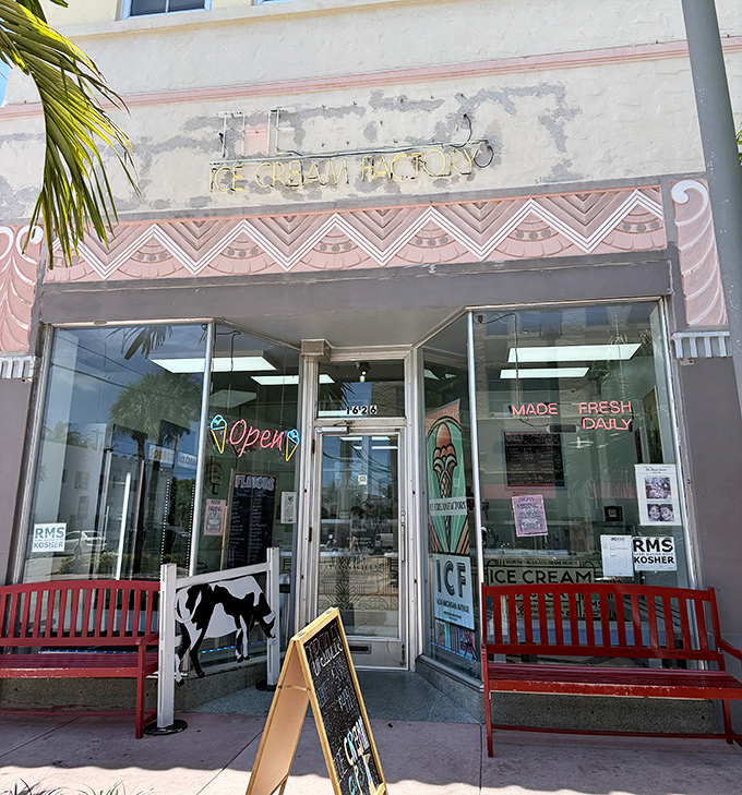 By day, a charming ice cream shop serving up fresh scoops on Miami Beach; always open, always sweet.