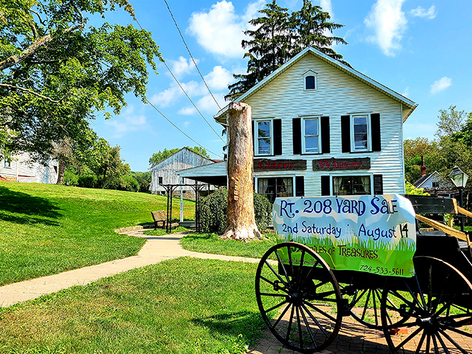 Local yard sales announce themselves with wagon-wheel flair. The real treasures? The homemade treats waiting at every stop.