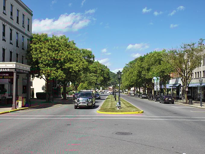 Boulevard of dreams! Wellsboro's tree-lined main street looks like it was designed by someone who understood the importance of a good nap bench.