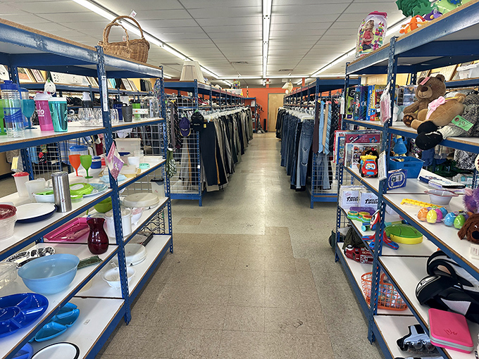 The thrill of the hunt distilled into one perfect aisle. Kitchen treasures on the left, clothing bargains on the right&mdash;decision paralysis never felt so good.