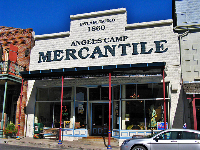 The Angels Camp Mercantile, established 1860, when "one-stop shopping" meant gold dust scales and pickaxes rather than smartphone accessories.