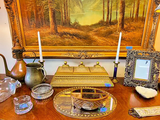 Antique hunters, prepare to hyperventilate! This collection of brass, wood, and crystal is the "I can't believe it's not a museum" corner.