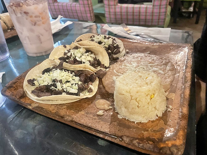 Simple yet profound: perfectly seasoned asada tacos on a rustic stone plate. The kind of straightforward deliciousness that makes you question why you eat anything else.