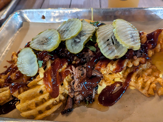 Mount Fries-uvius erupts with brisket and cheese &ndash; your cardiologist doesn't need to know about this magnificent mess.