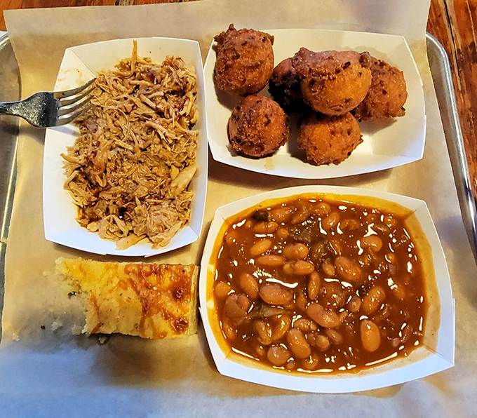 BBQ's greatest hits album on a single tray. Those hush puppies aren't called "puppies" for nothing - one taste and they'll follow you home in your dreams.